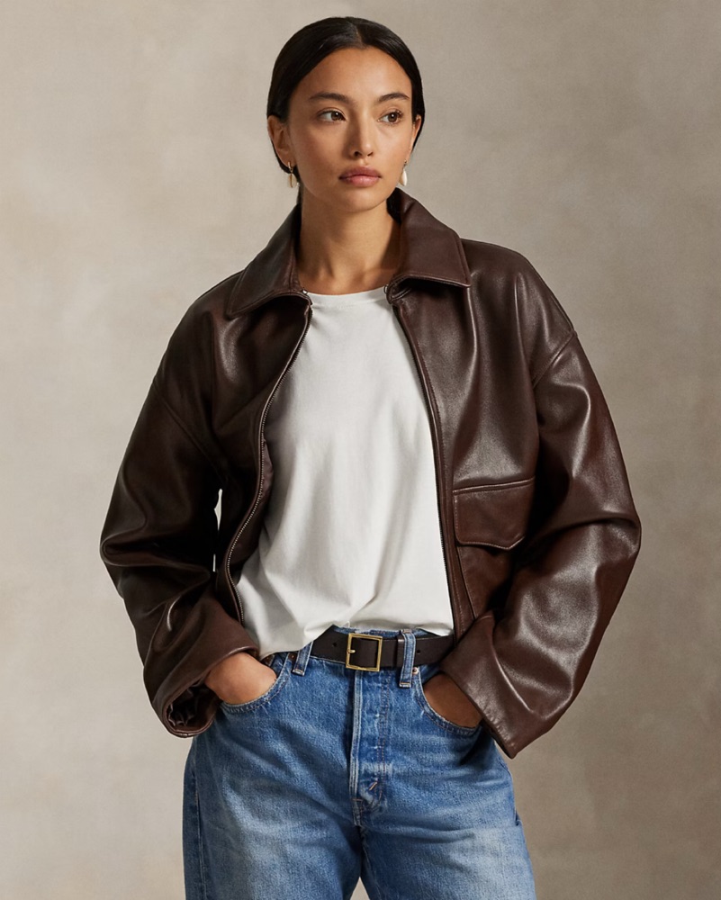 Polo Cropped Leather Jacket by Polo by Ralph Lauren - Pickle