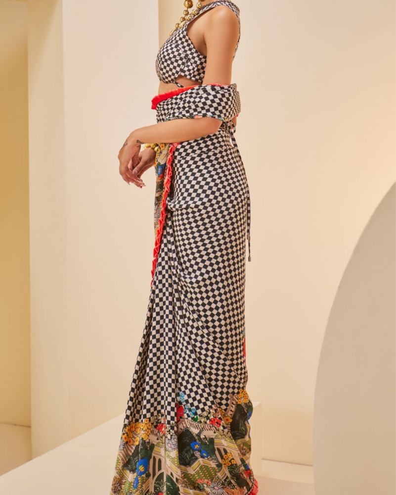 Vibrant Checkered Saree by The Royaleum Atelier - Pickle
