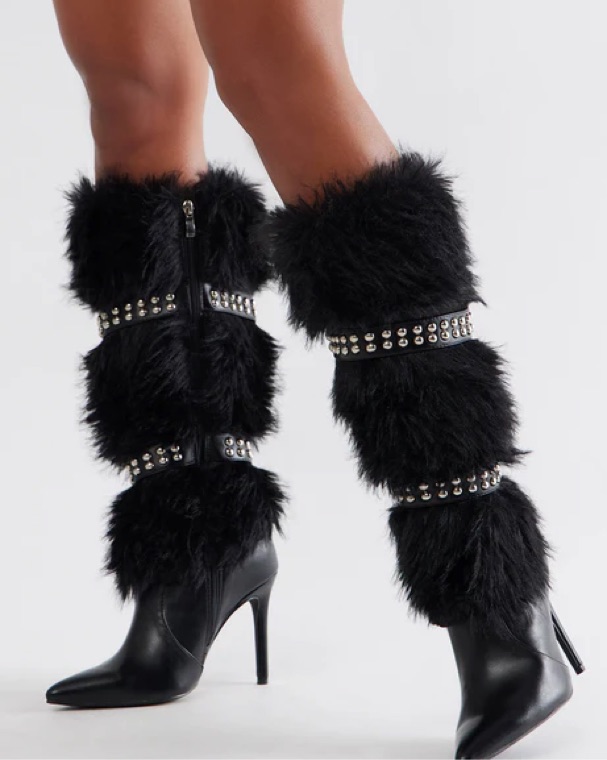 Studded Faux Fur Boots - Black by Fashion Nova - Pickle