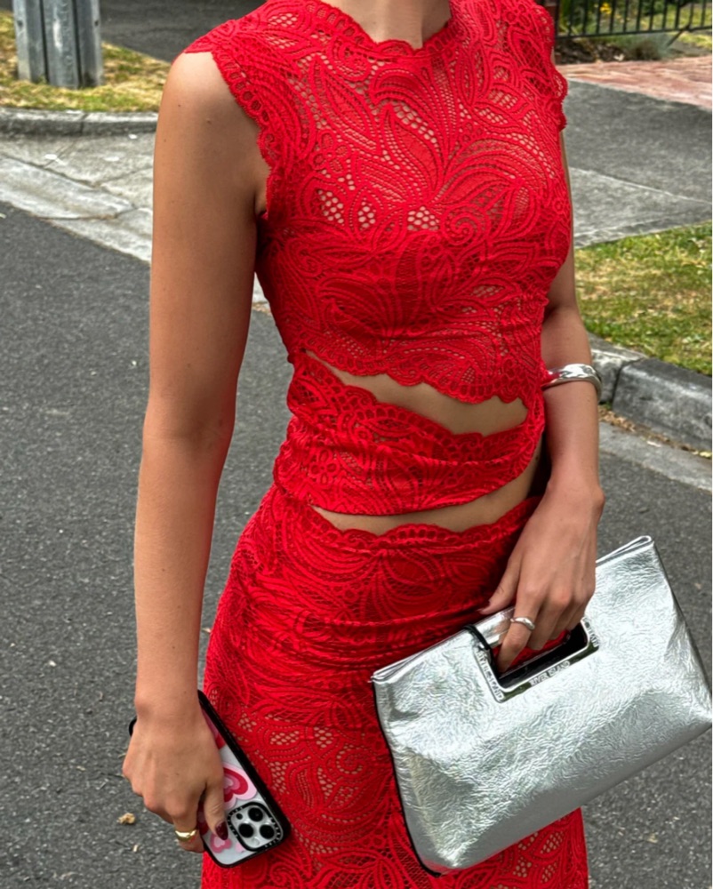 Vibrant Red Lace Crop Top and Maxi Skirt Set by Camila rose - Pickle