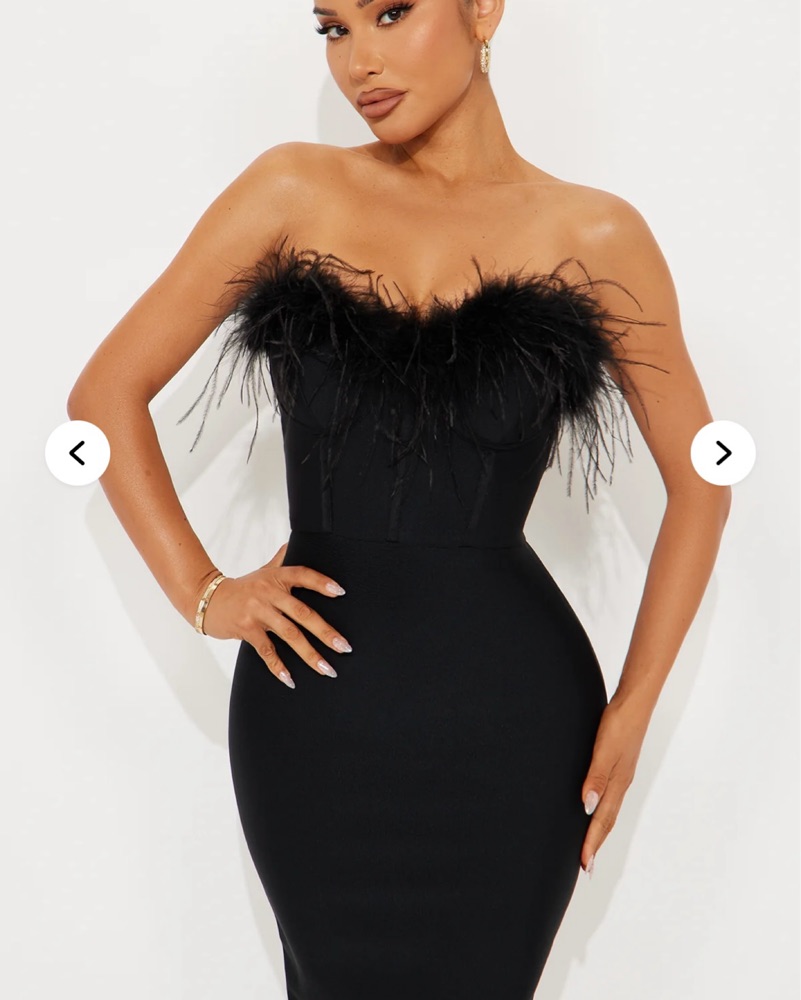 Feather Trim Corset Black Maxi Dress by Fashion Nova - Pickle