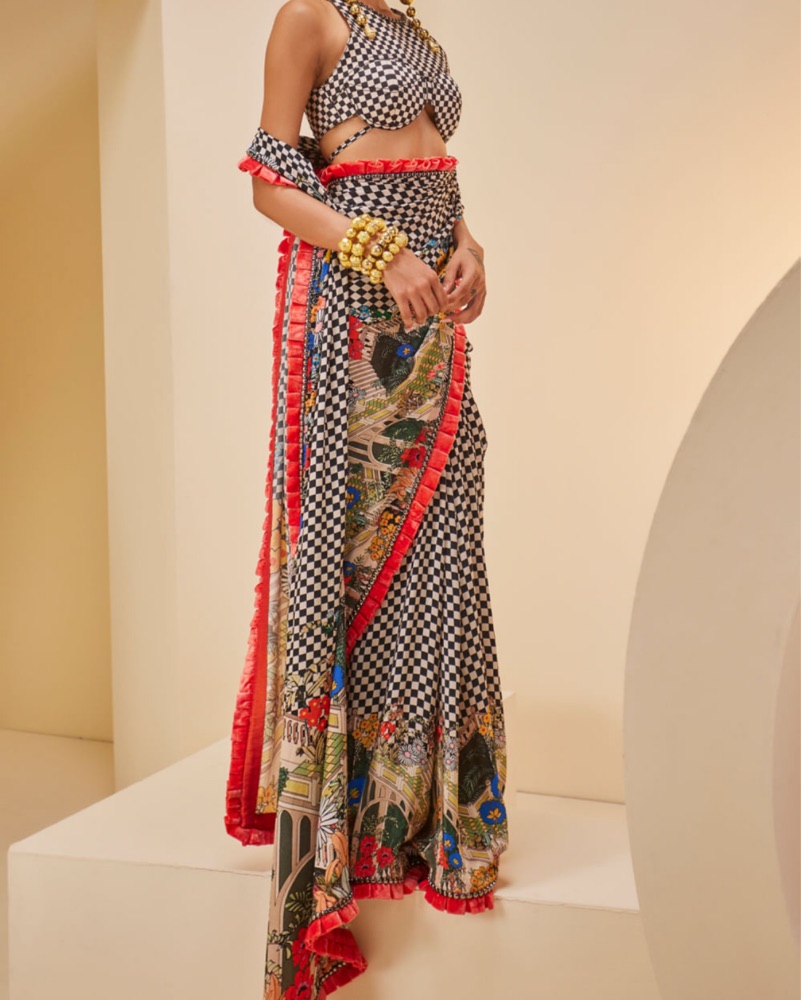 Vibrant Checkered Saree by The Royaleum Atelier - Pickle